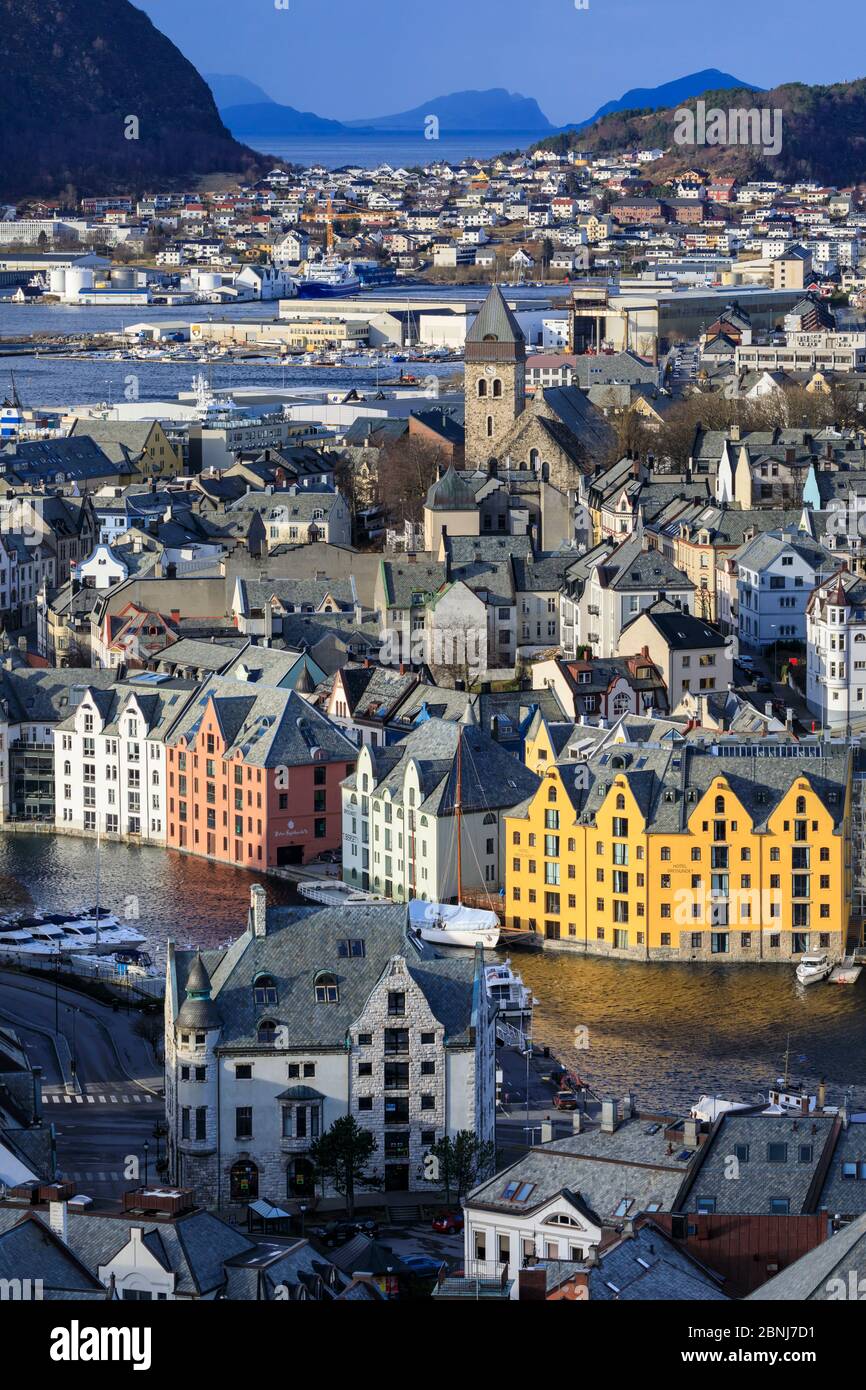 View from Aksla hill over beautiful Alesund, colourful Art Nouveau ...