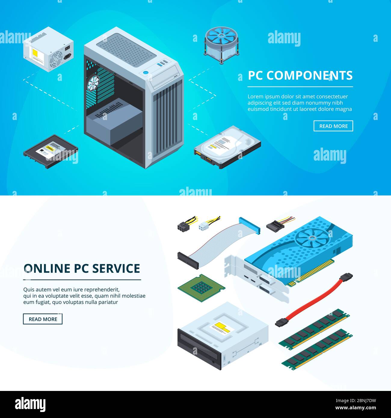 Horizontal banners set with different parts of personal computer Stock ...