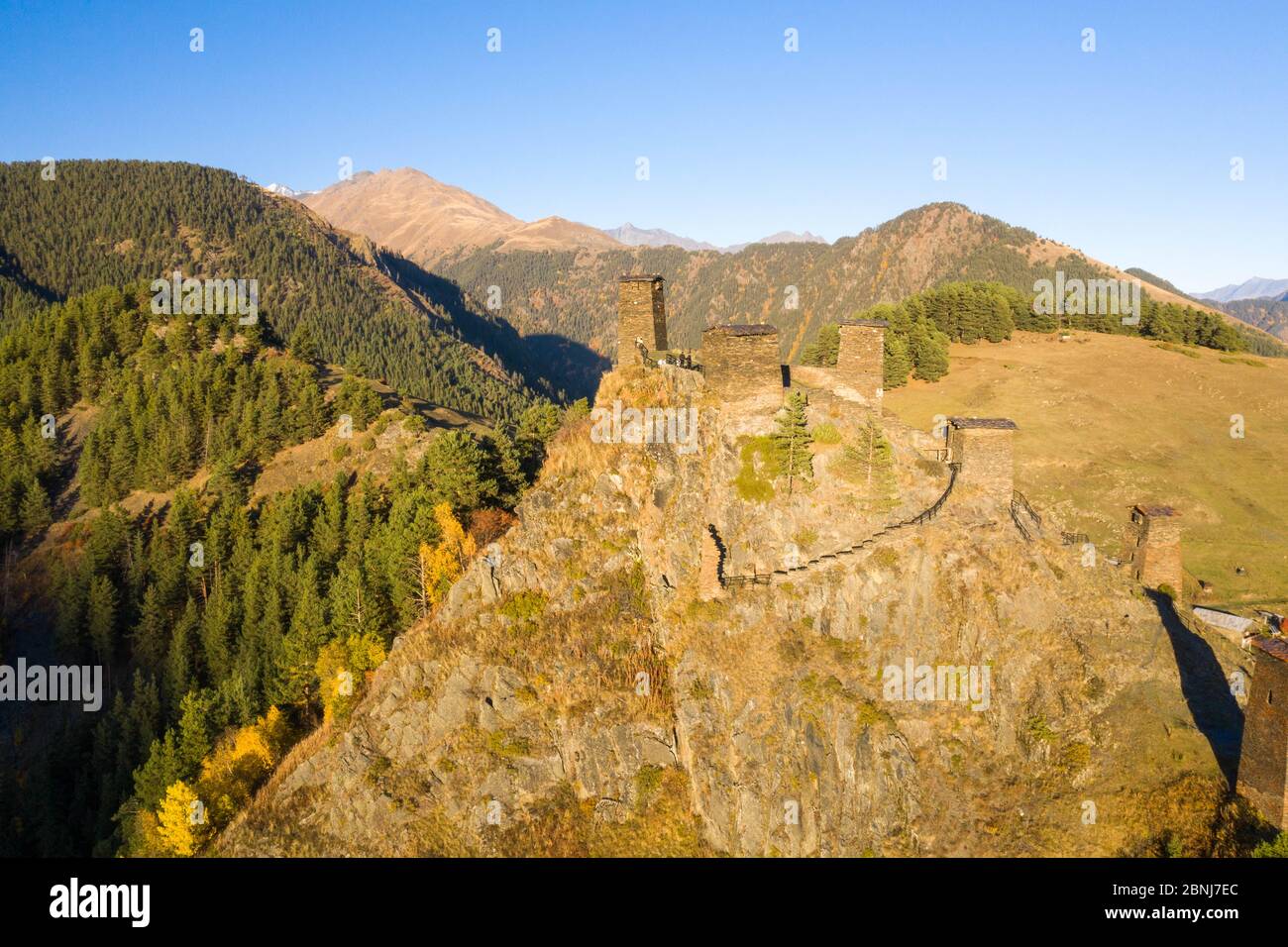 Caucasus, Georgia, Tusheti region, Shenako. Aerial view of the village ...