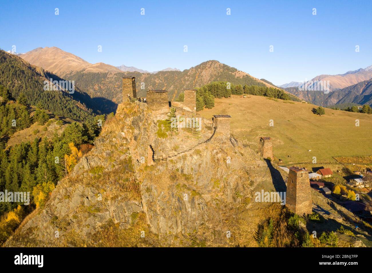 Caucasus, Georgia, Tusheti region, Shenako. Aerial view of the village ...