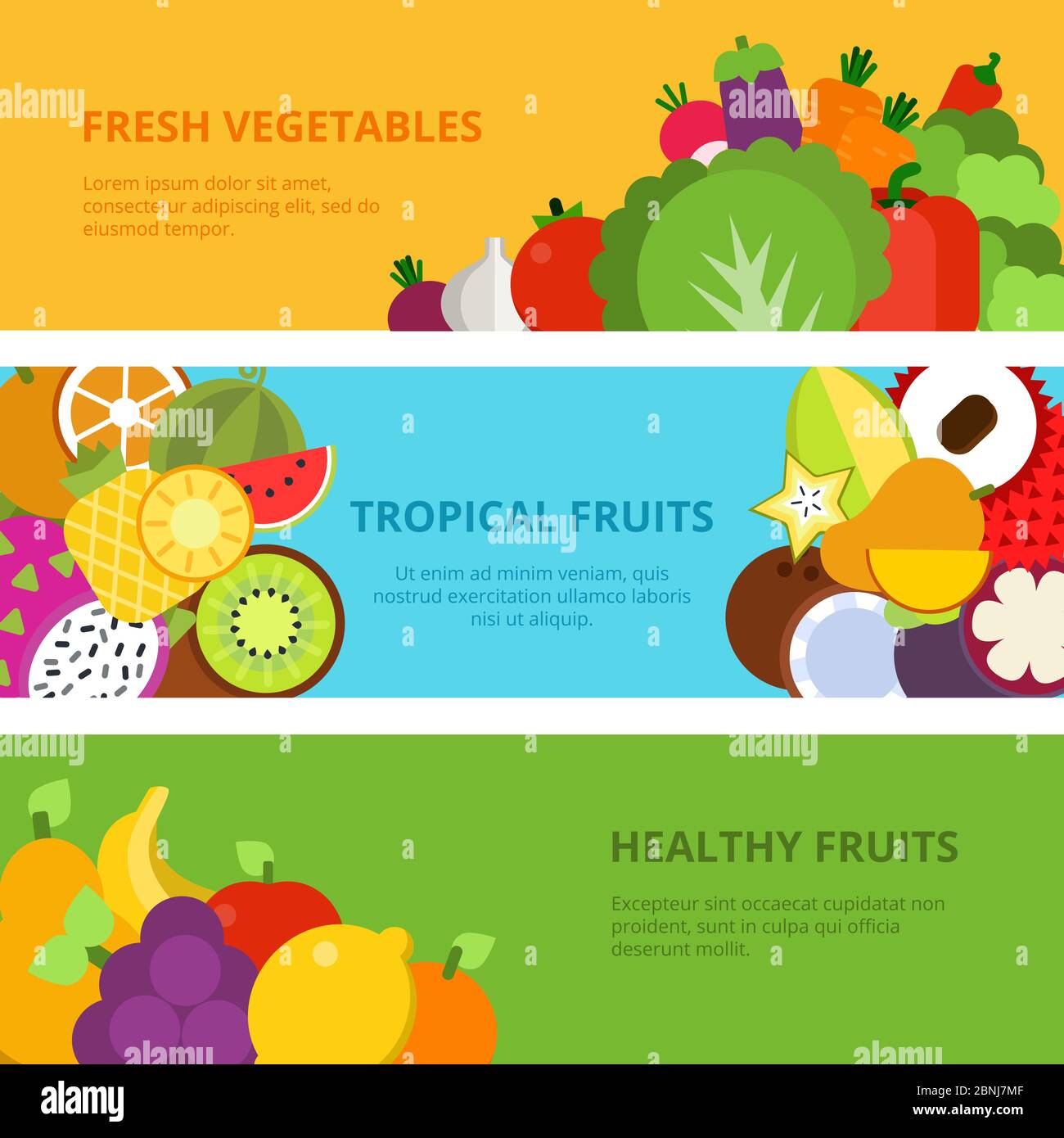 Horizontal banners with flat illustrations of healthy fruits and ...