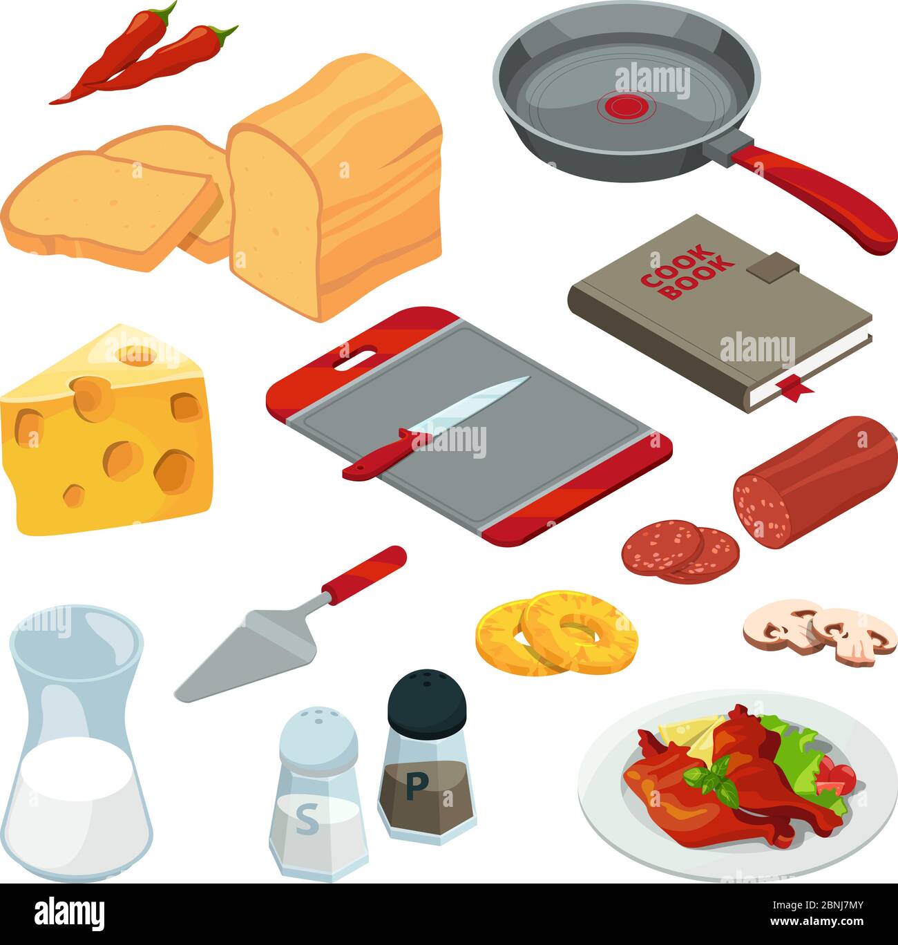 Vector illustrations of different foods and kitchen tools for cooking ...
