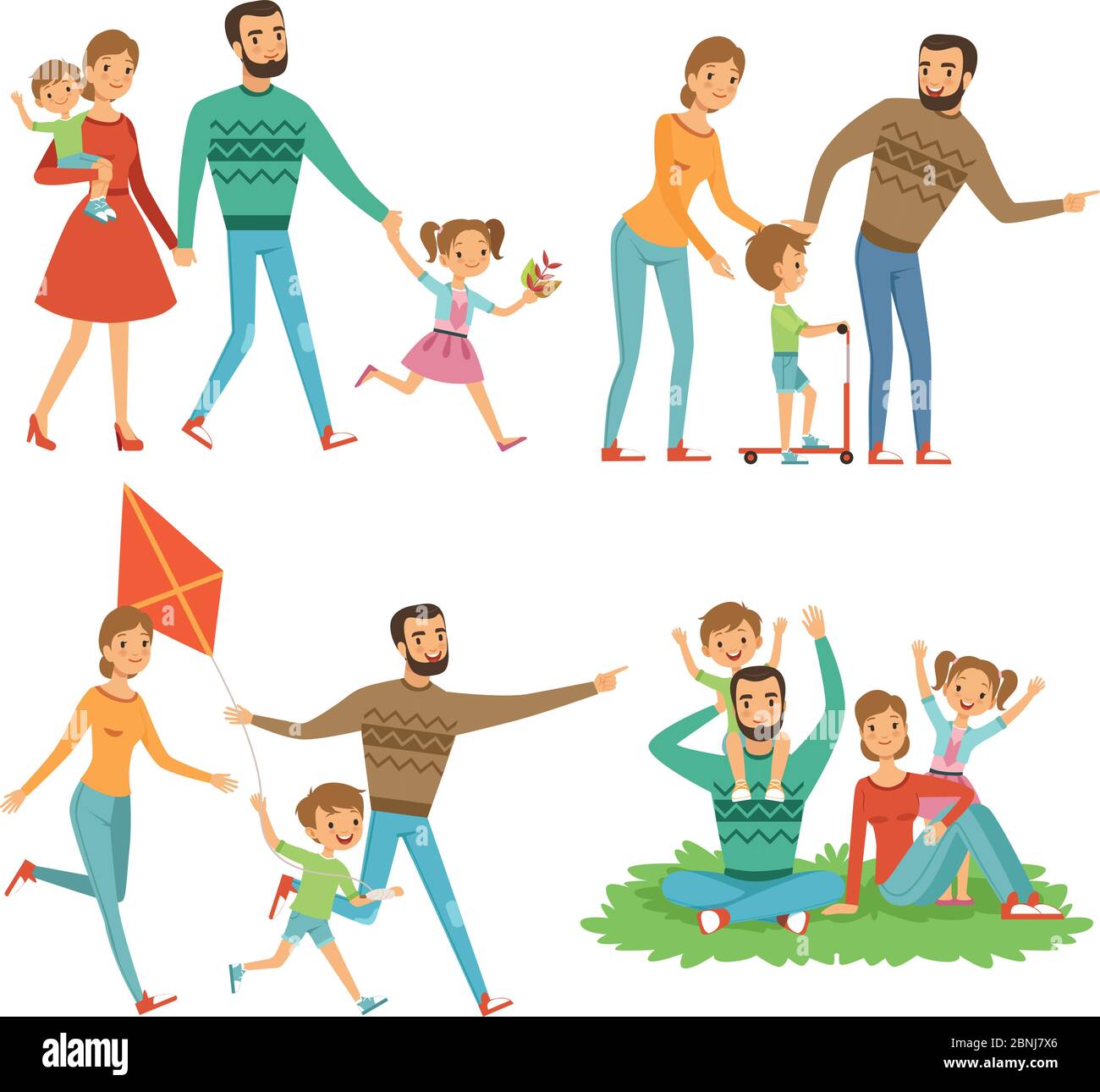 Happy family walking in park. Funny characters set in cartoon style ...