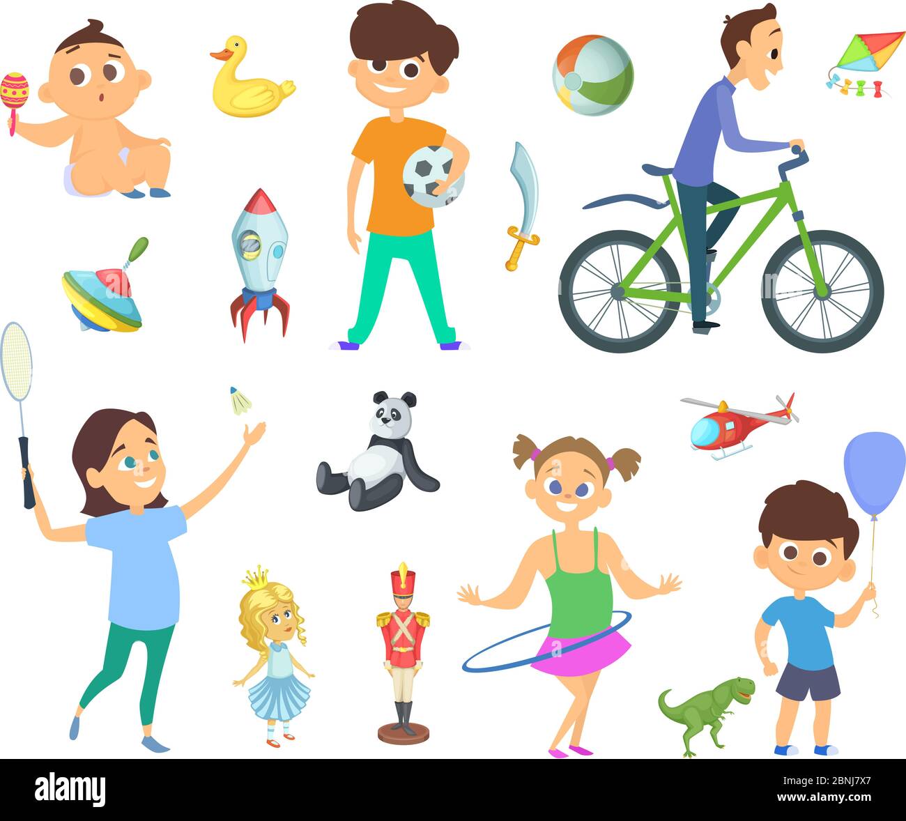 Children playing at different games and toys. Vector characters set in ...