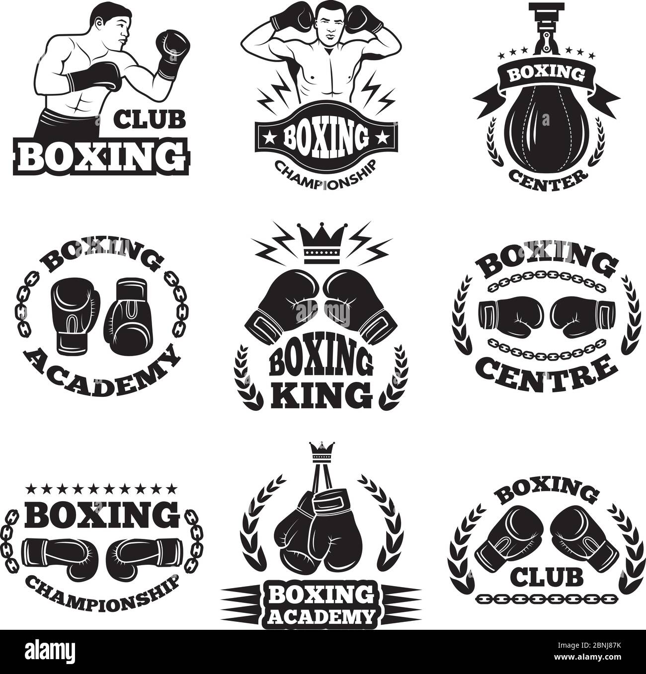 Boxing club, or mma fighting labels. Monochrome vector illustrations ...