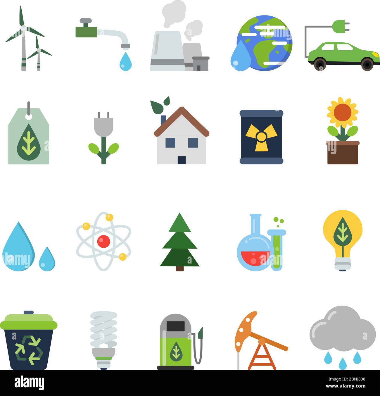 Different green symbols on the ecology theme. Vector icons set in flat ...