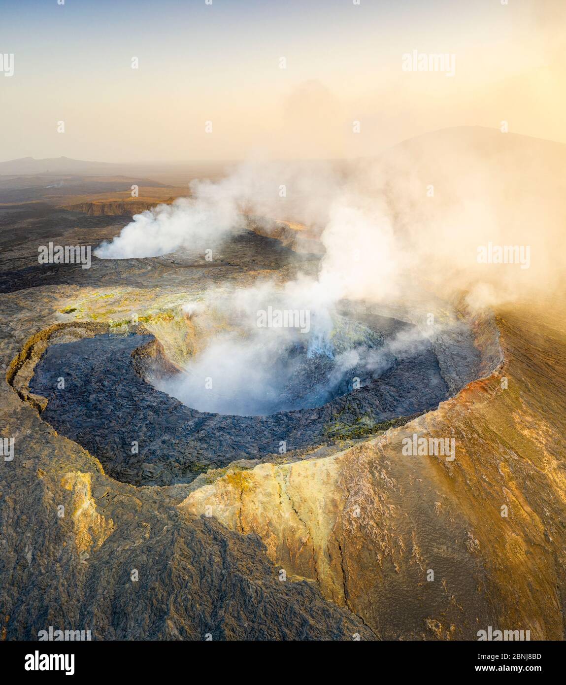 Panoramic aerial view of the active Erta Ale volcano caldera, Danakil ...