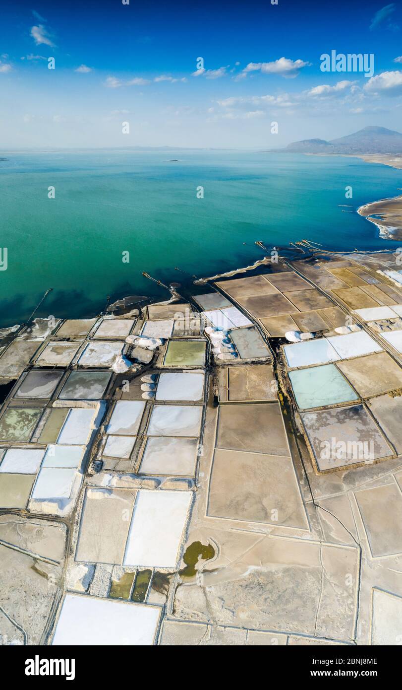 Aerial panoramic of Lake Afrera (Lake Afdera) and salt flats, Danakil ...