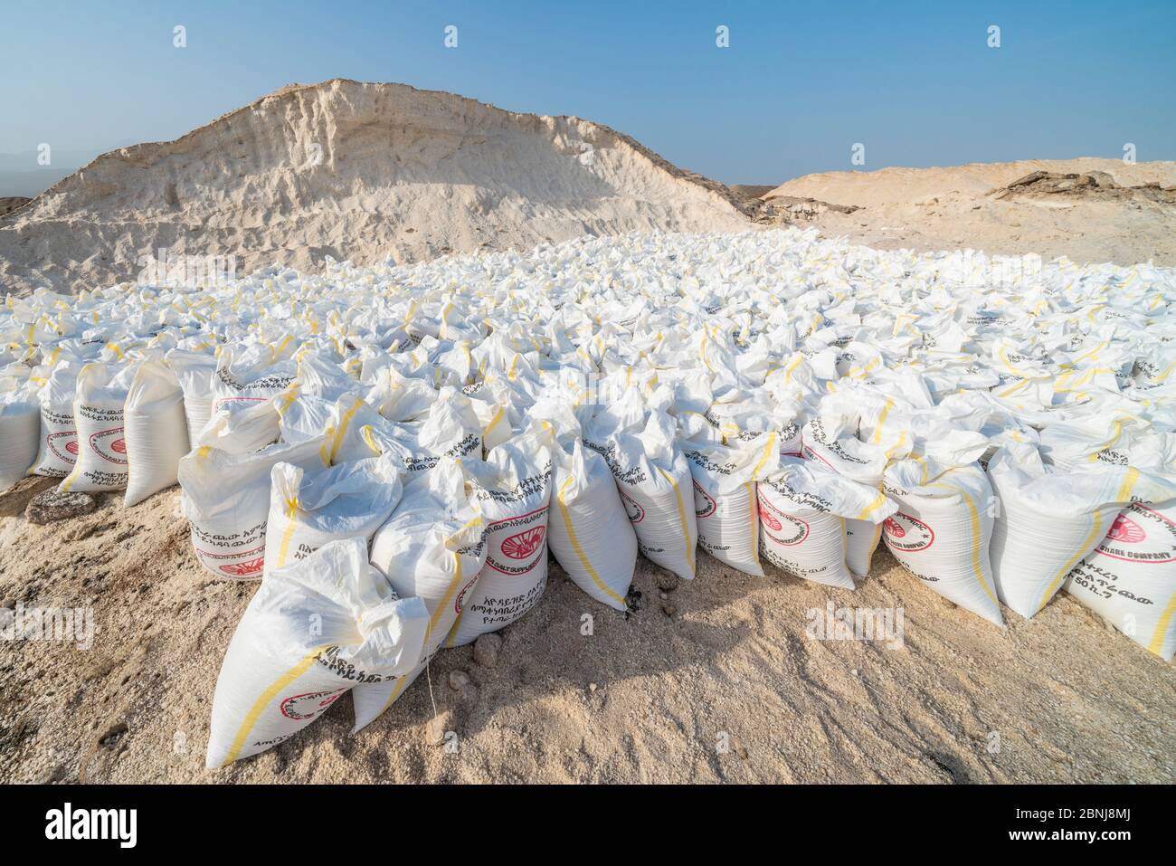 Salt bags in the salt mine of Lake Afrera (Lake Afdera), Danakil ...