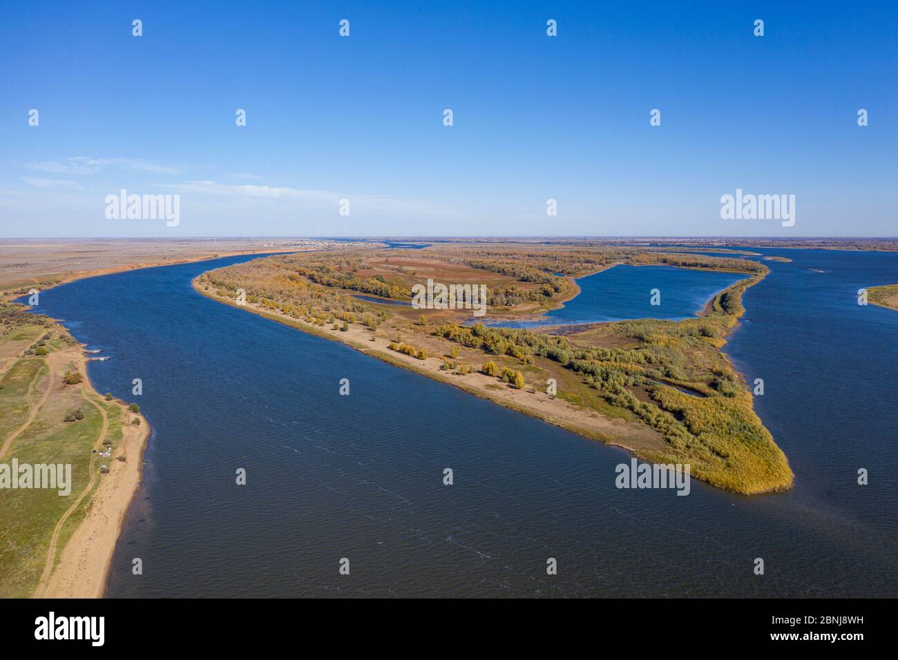 Aerial by drone of the Volga River, Astrakhan Oblast, Russia, Eurasia ...