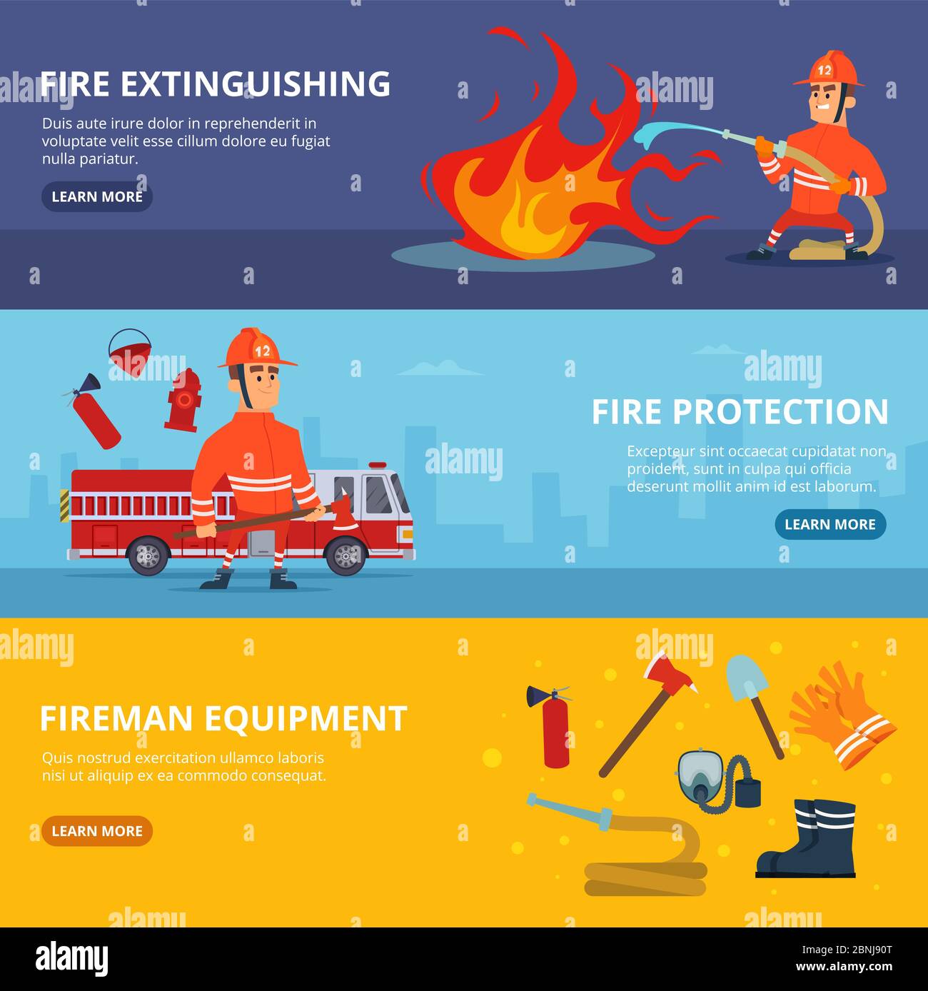 Horizontal banners with illustrations of firefighter in uniform Stock ...