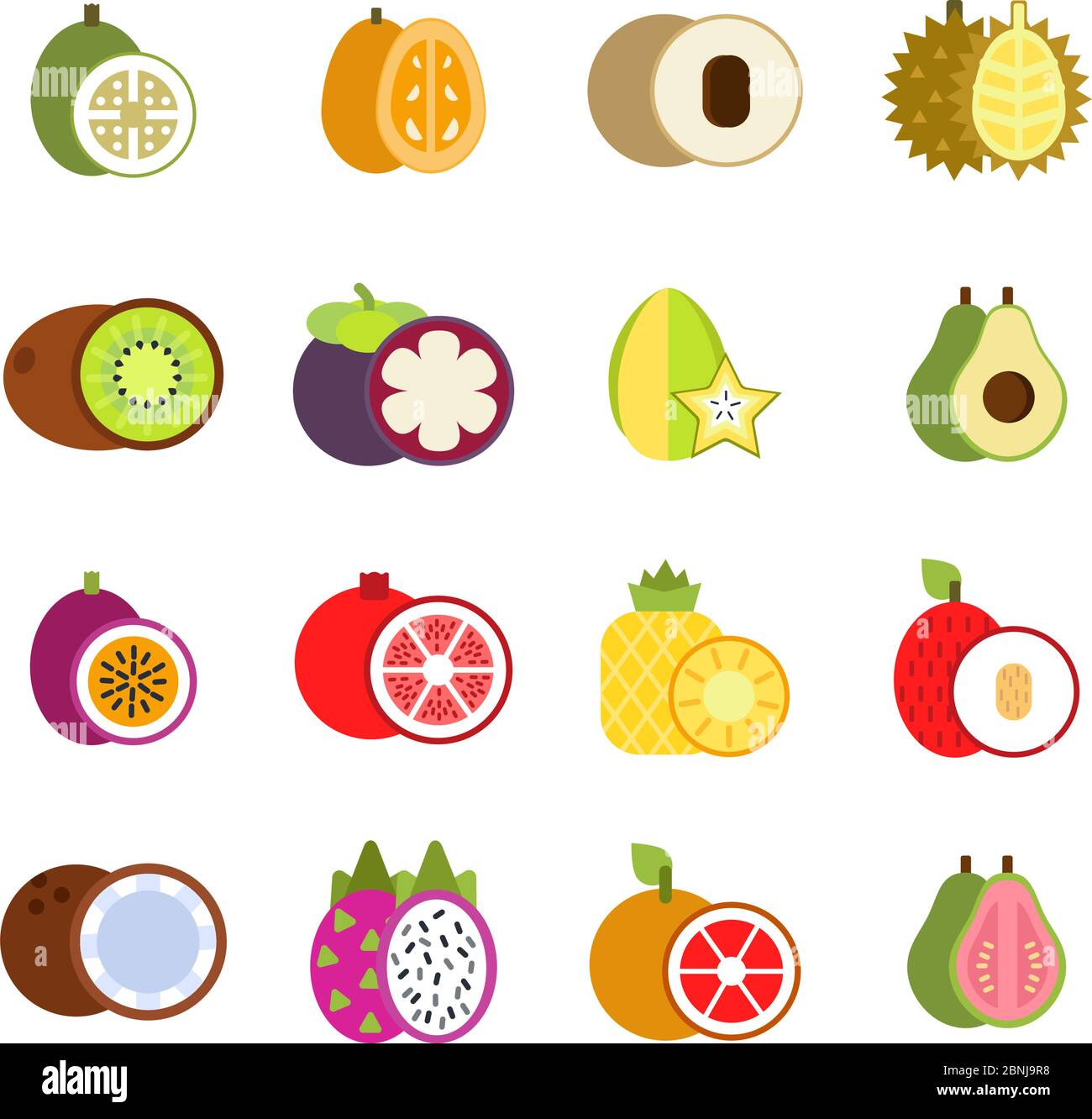Guava, mango and others illustrations of tropical fruits in flat style ...