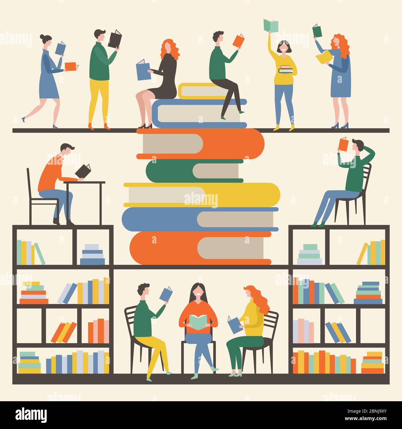 Concept picture with mascots male and female which reading books in ...