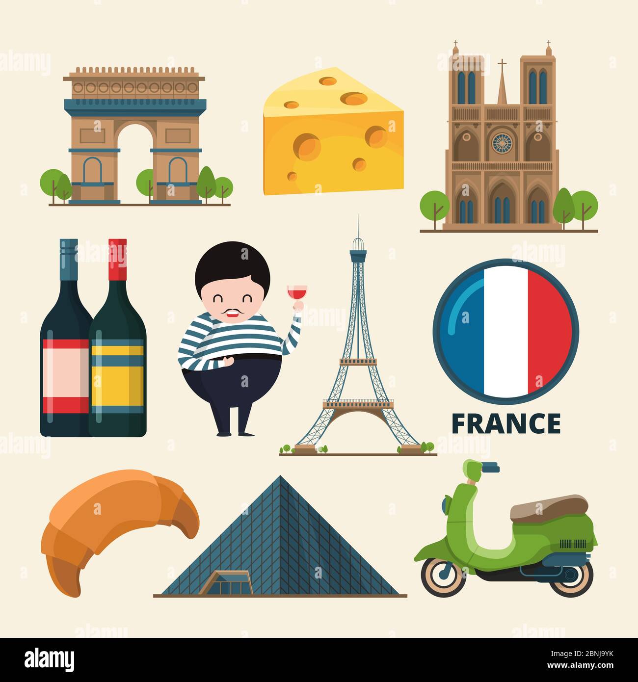 Collection set of france landmarks. Vector icon set in cartoon style ...