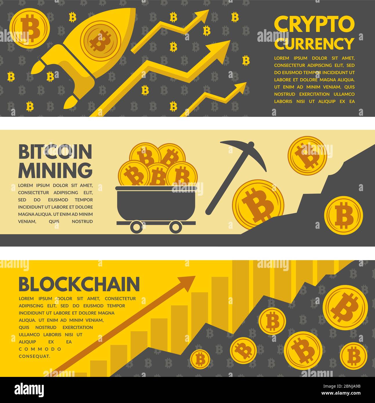 Horizontal banners with illustrations of bitcoin mining industry Stock ...