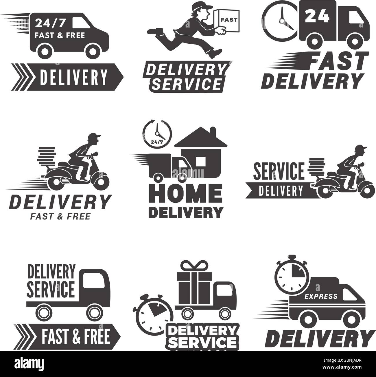 Monochrome labels and icons for delivery service Stock Vector Image ...
