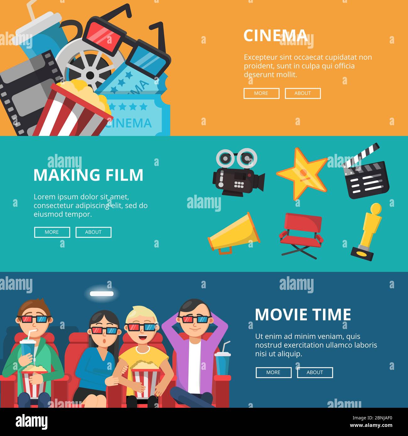 Horizontal banners at cinema theme. Male and female characters watching ...