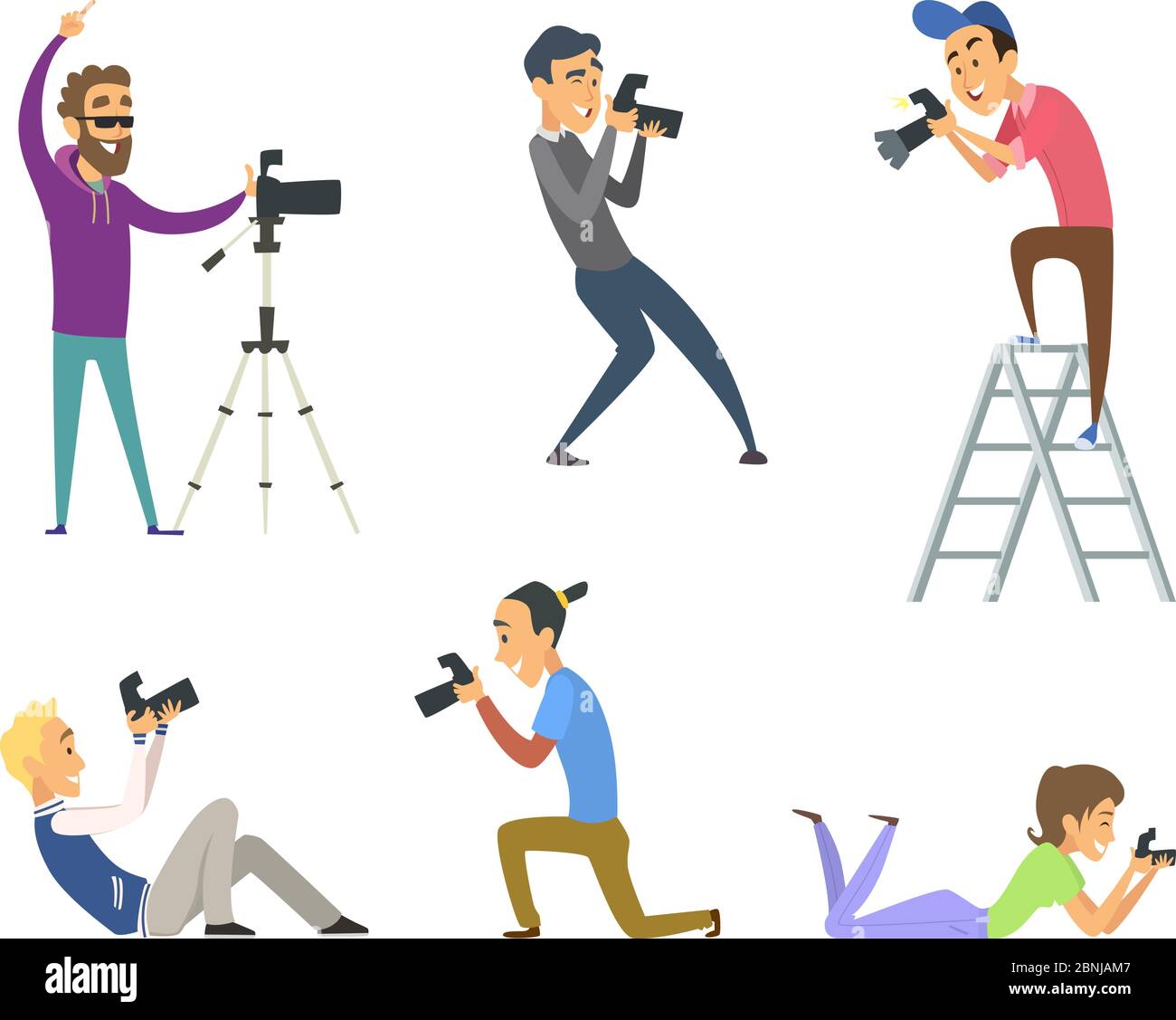 Set of photographers at work. Male and female cartoon characters with ...