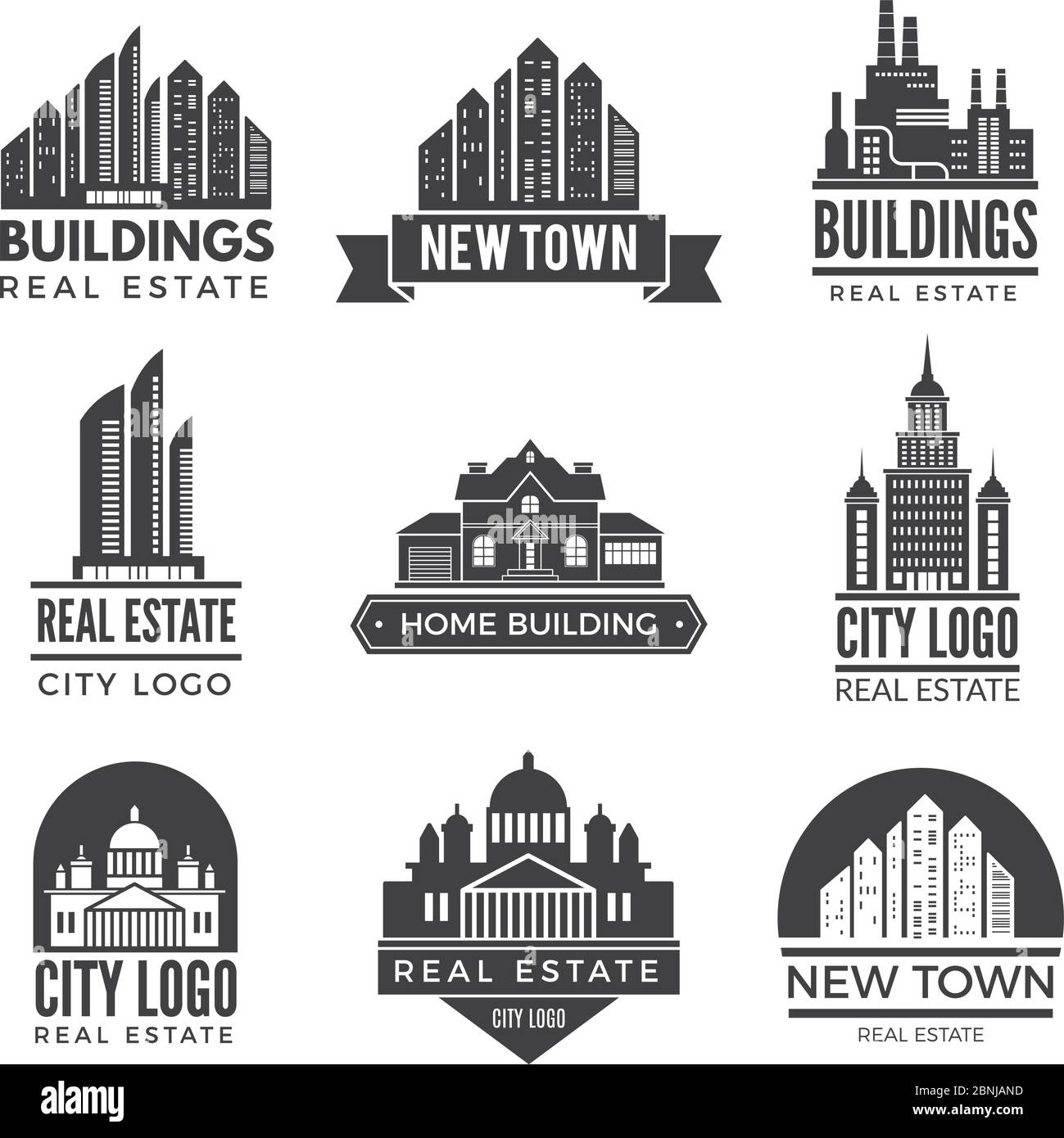 Labels or logos with pictures of different modern buildings Stock ...