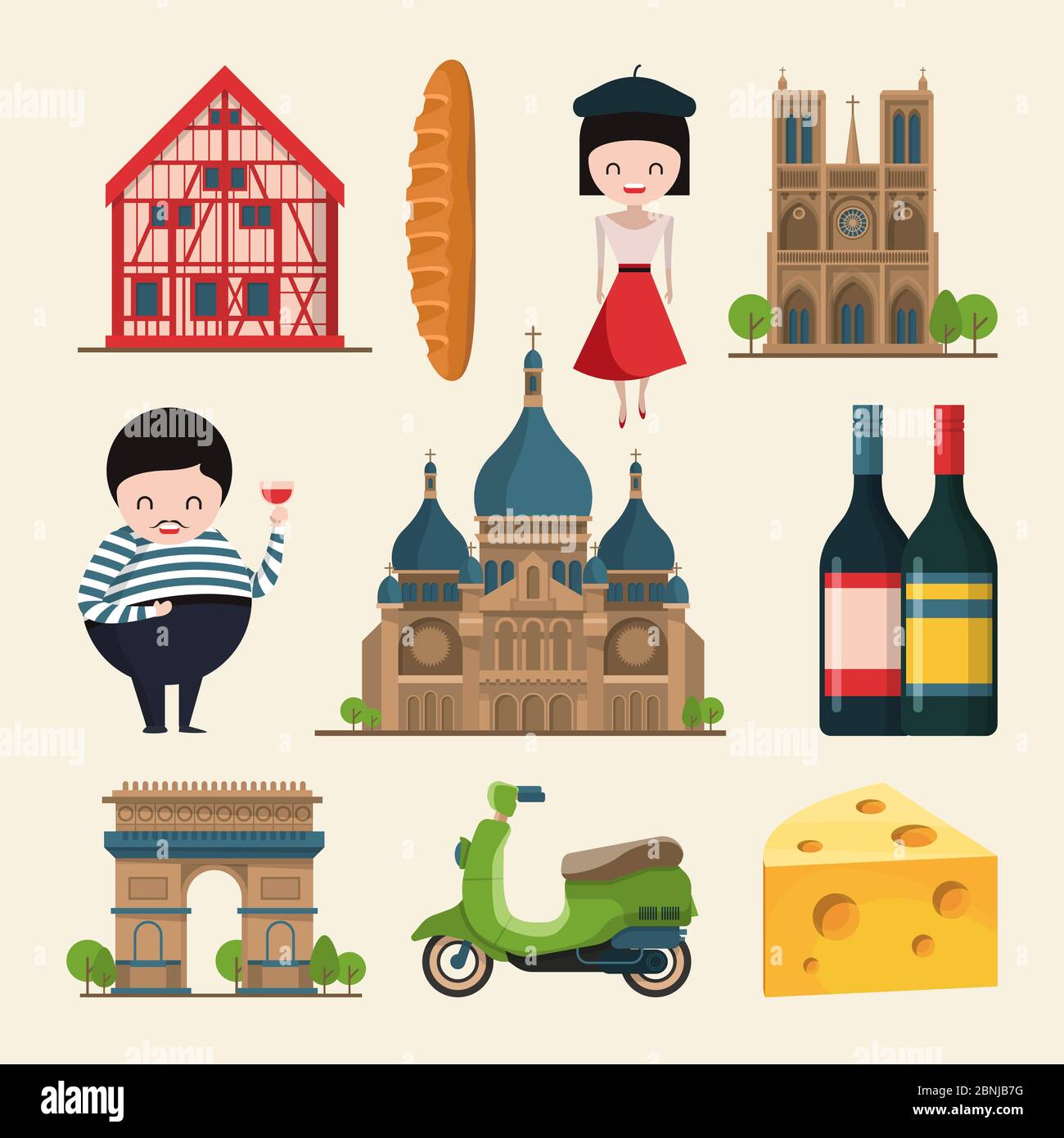 French landmarks. Vector illustrations in cartoon style Stock Vector ...