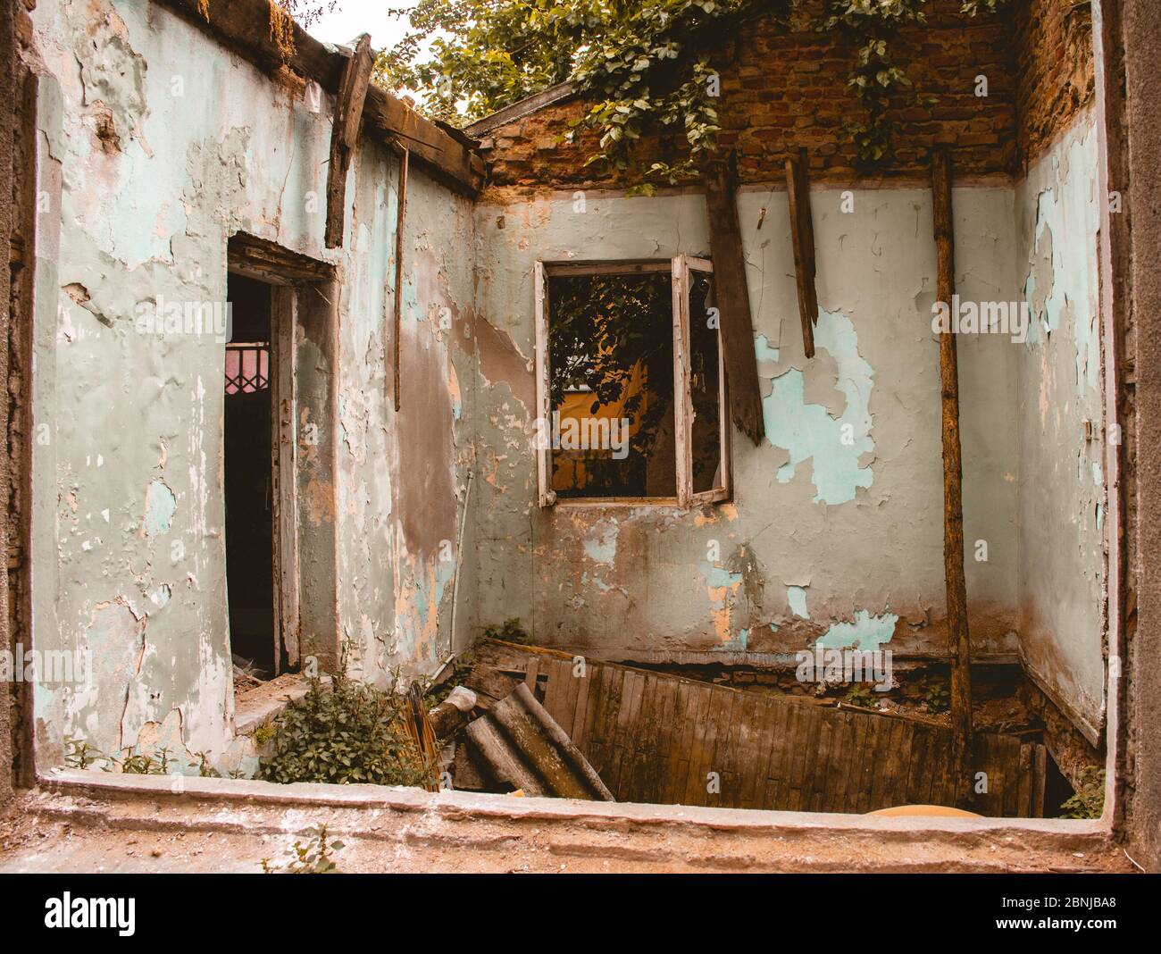 inside of an abandoned old tumbledown house, uninhabitable condition ...