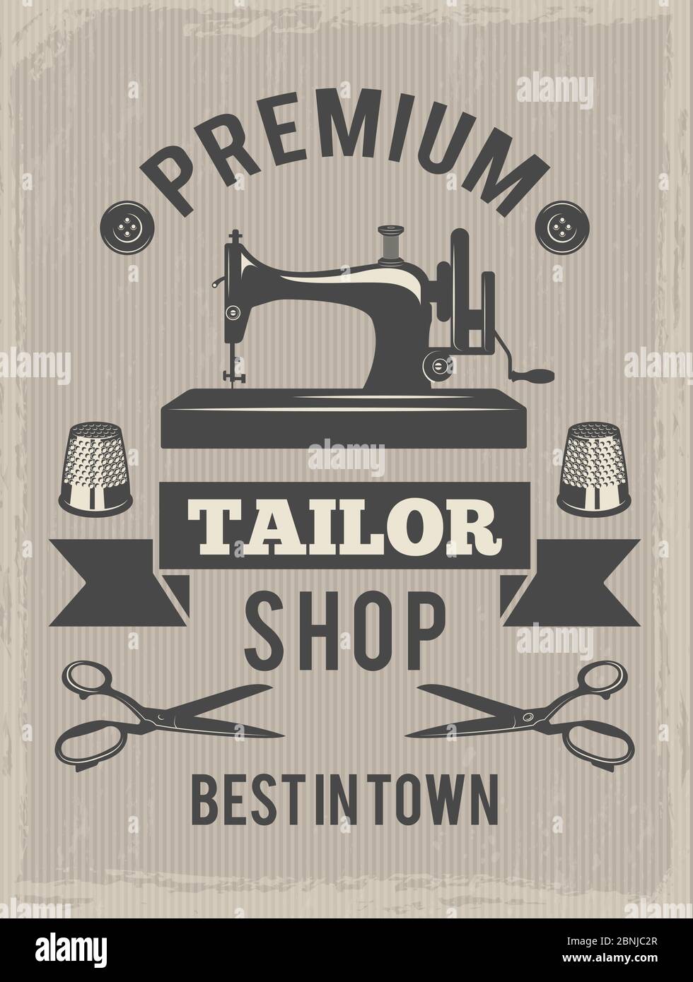 Retro poster for tailor shop. Placard with symbols of textile ...