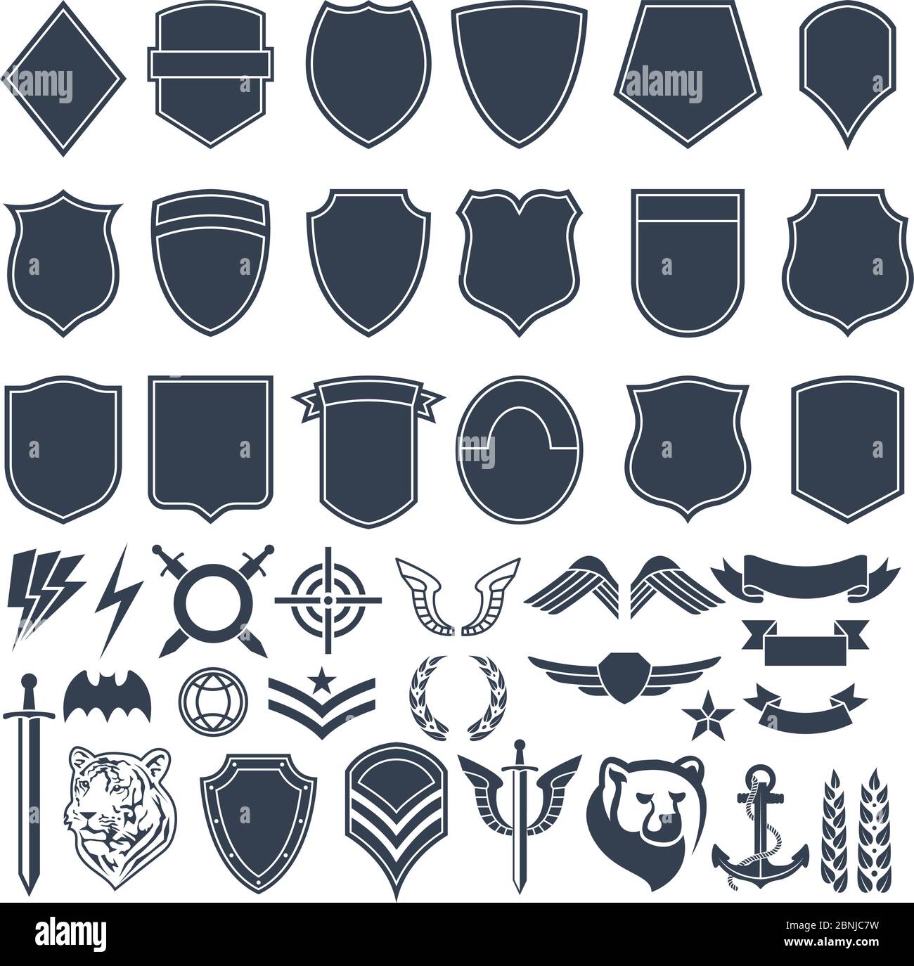 Set of empty shapes for military badges. Army monochrome symbols Stock ...