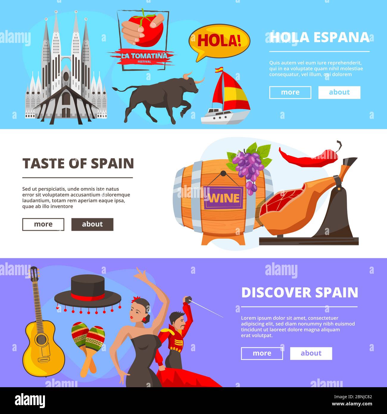 Horizontal banners with illustrations of cultural objects of spain ...