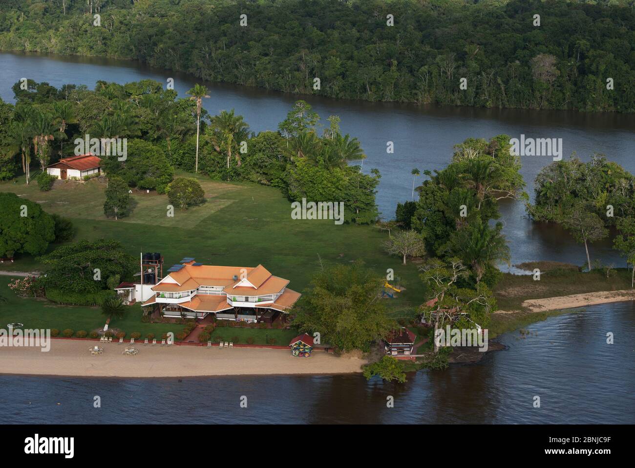 Aerial view of Baganara Resort on the Essequibo river, Guyana, South ...