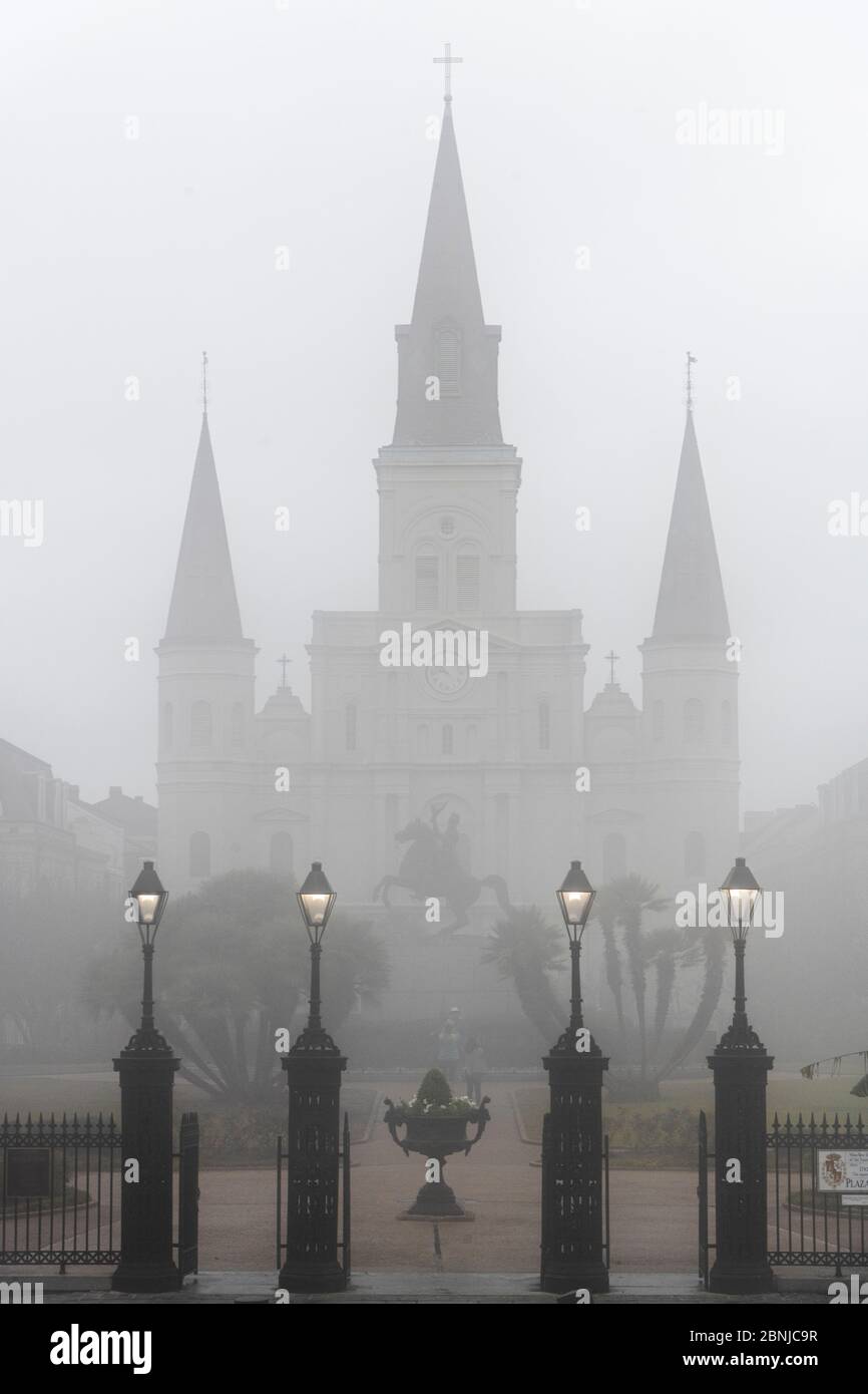 Jackson Square in the French Quarter, obscured by dense morning fog ...