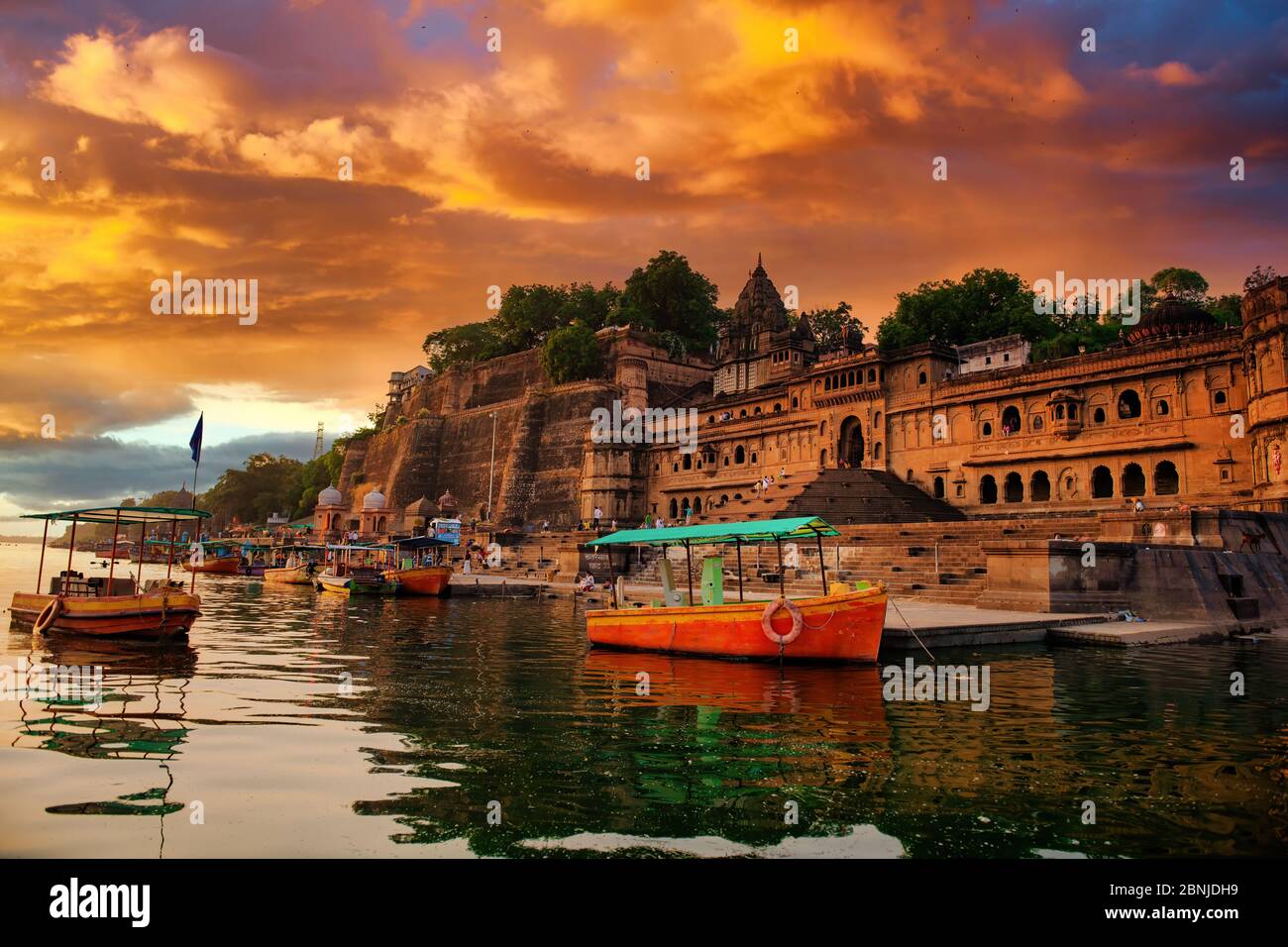 Maheshwar Ghat, a religious Hindu river bank famous amongst pilgrims ...