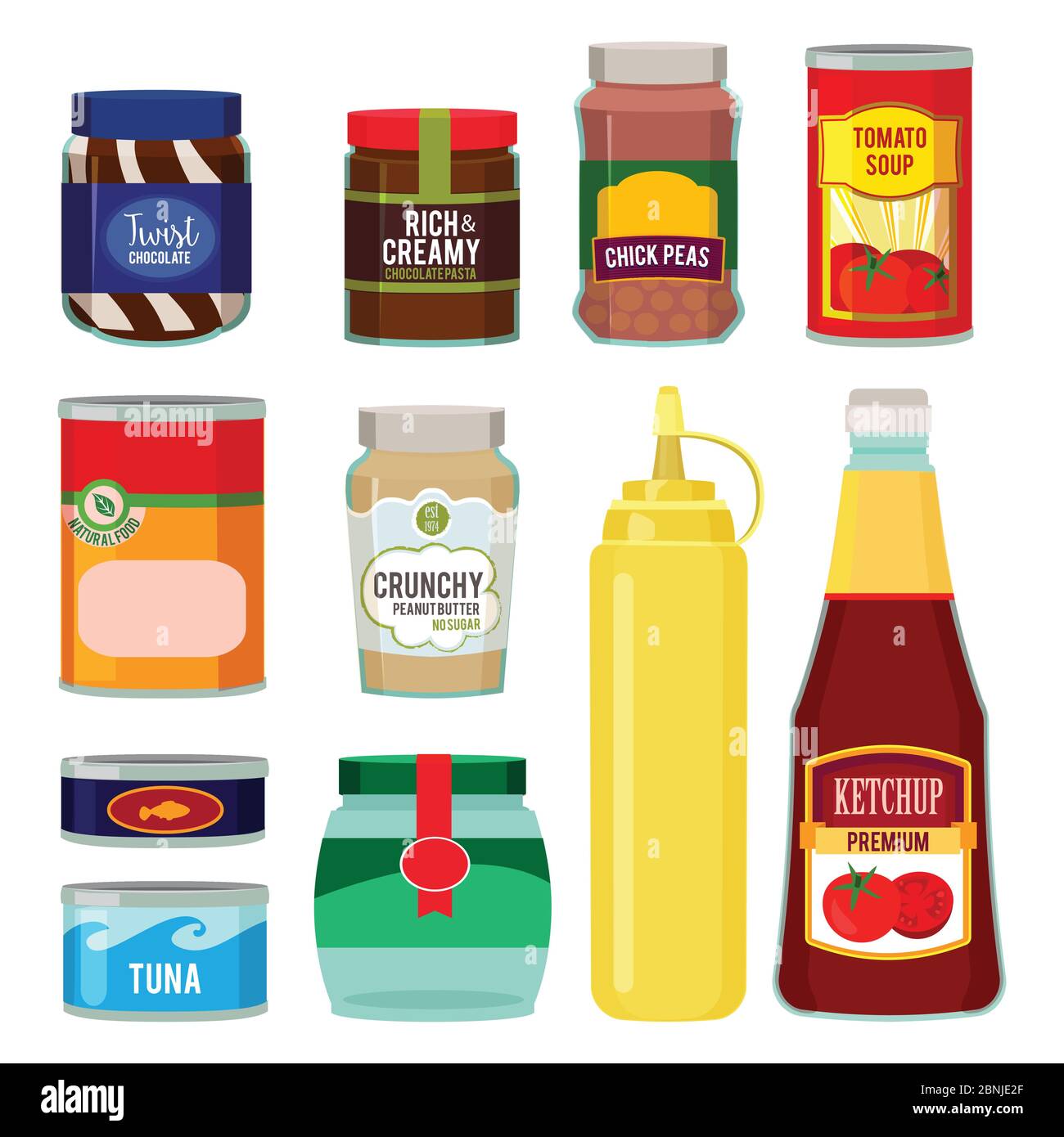 Illustrations of canned goods. Conservation of tomato, fish, vegetables ...