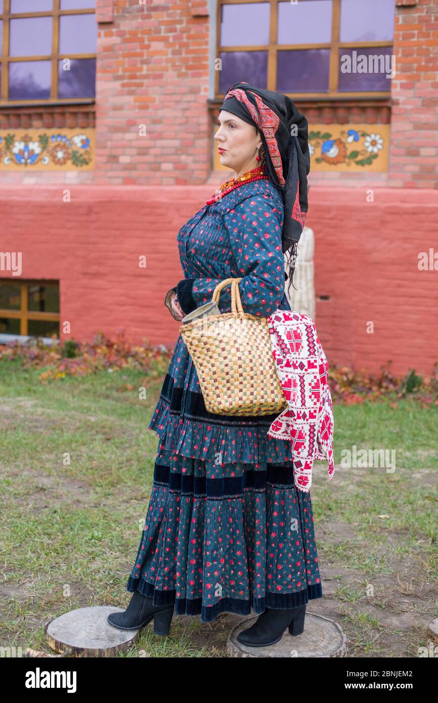 Woman with a basket in retro clothes of the 19th century. Antique ...