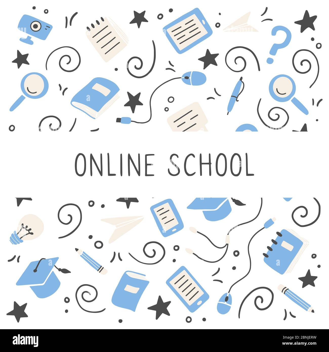 Hand drawn set of online education elements, laptop, pencil, book ...