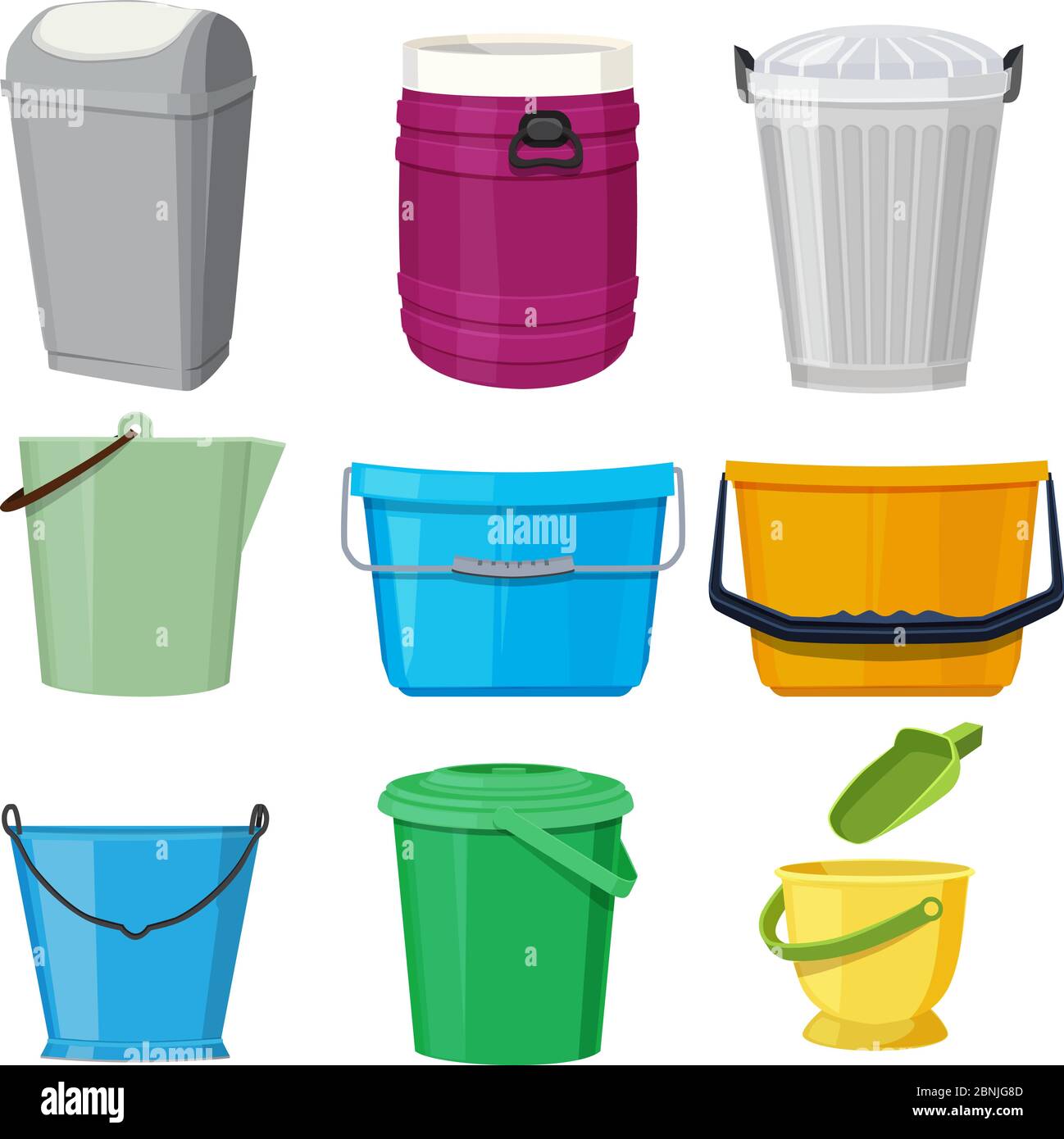 Different containers and buckets. Vector illustrations in cartoon style ...