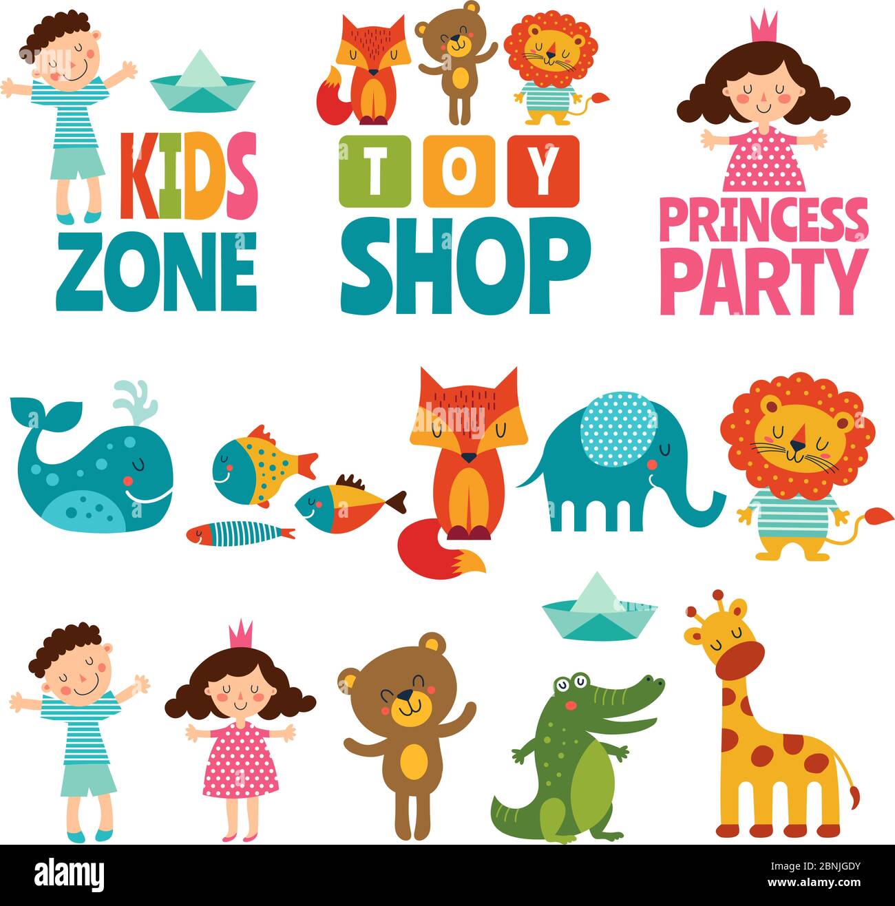 Funny illustrations of kids and animals. Vector logos for childrens ...