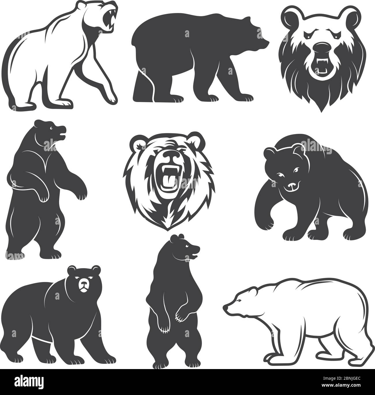 Monochrome illustrations of stylized bears. Pictures set for logos or ...