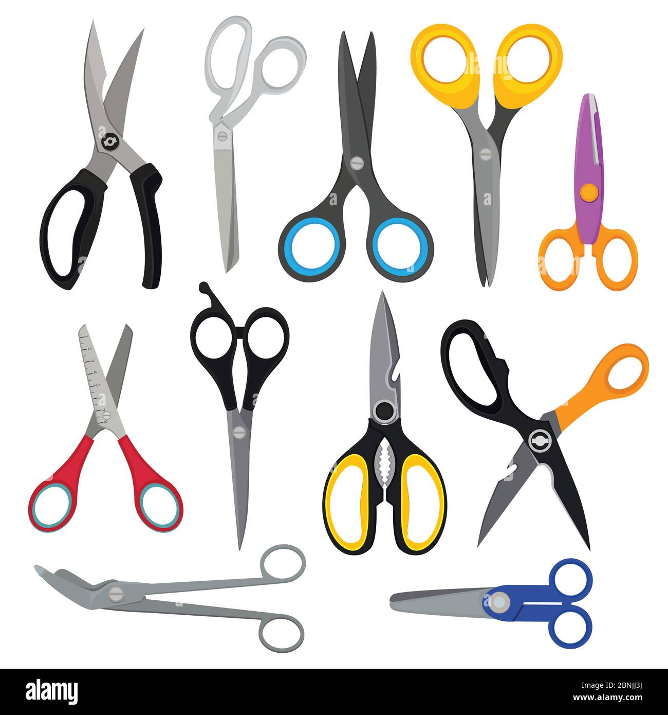 Illustrations of colored scissors. Vector pictures set in flat style ...