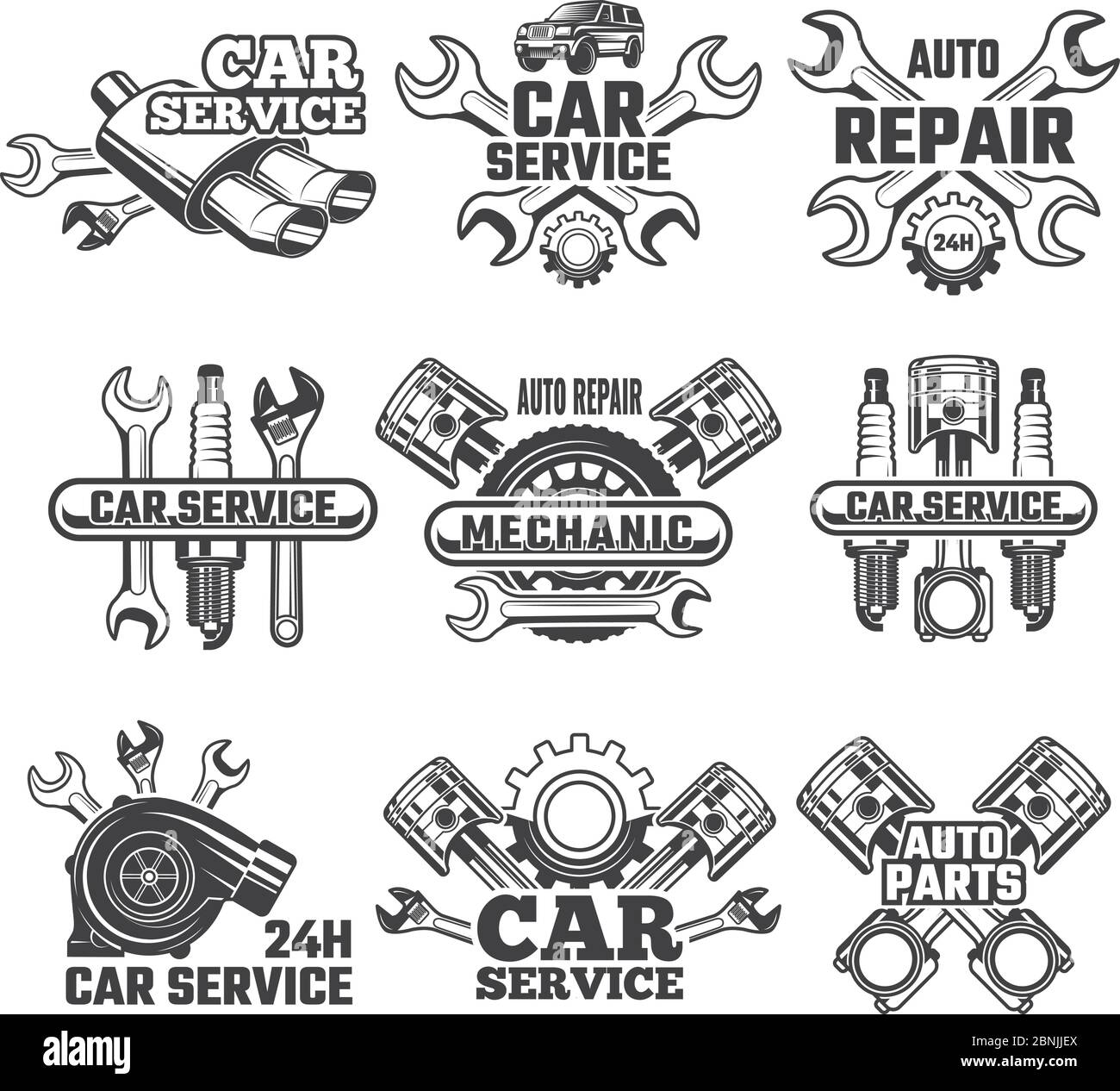 Vintage labels set with illustrations of automobile tools Stock Vector ...