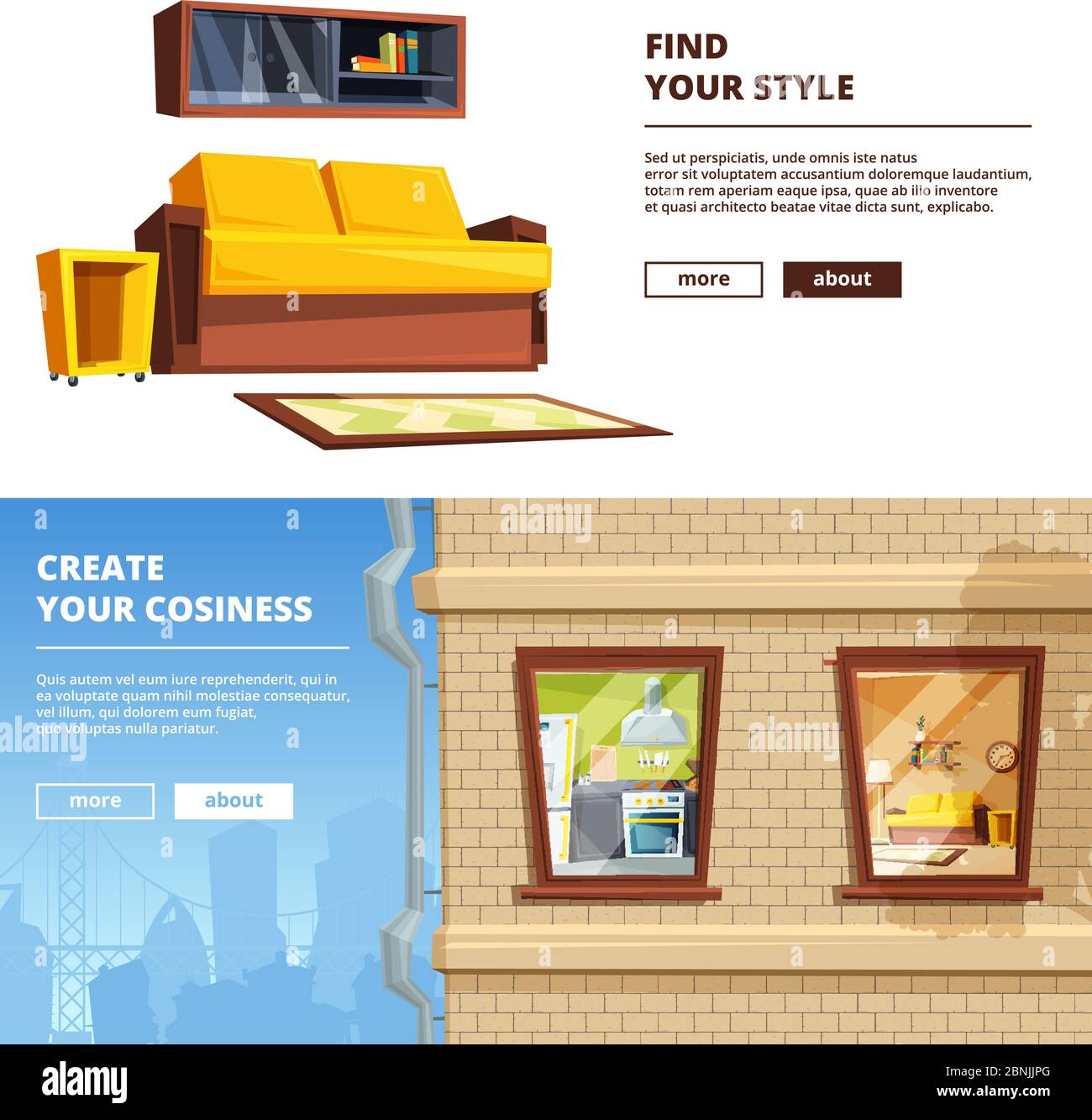 Horizontal cartoon banners with illustrations of house facade and ...