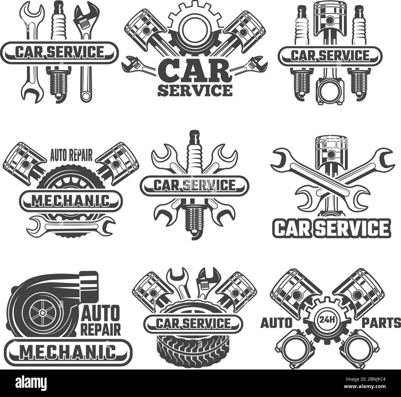 Design template of labels and badges with automobile tools and details ...