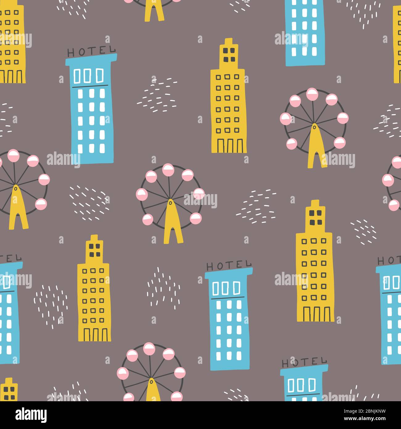 Seamless pattern of childish cartoon town, city with tree and building for fabric, wallpaper ...