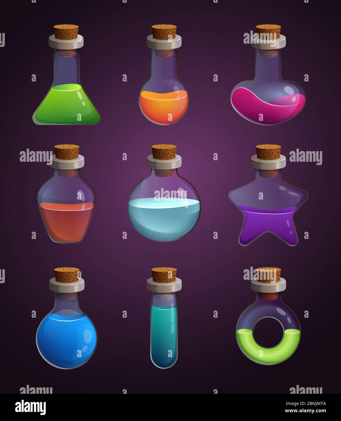 Glass bottles with various liquids. Pictures in cartoon style Stock ...