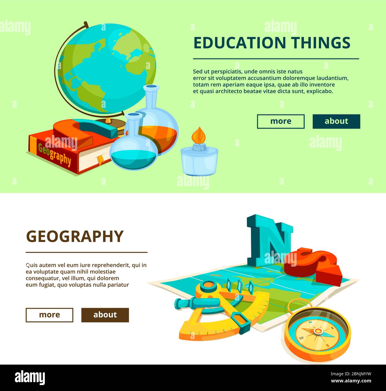 Horizontal banners with cartoon pictures of science and geography ...