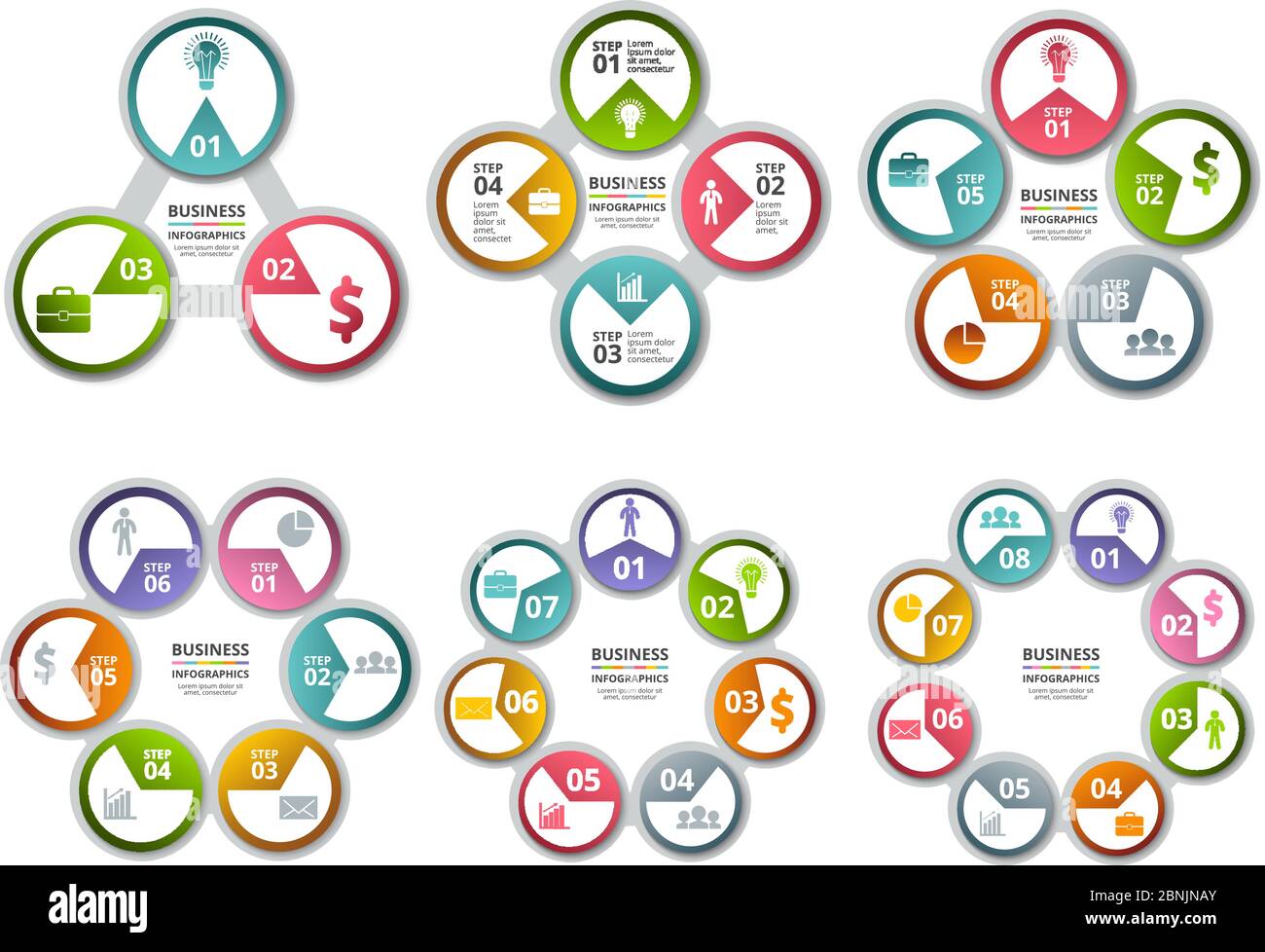 Infographic radial shapes. Circled charts and processes visualization ...