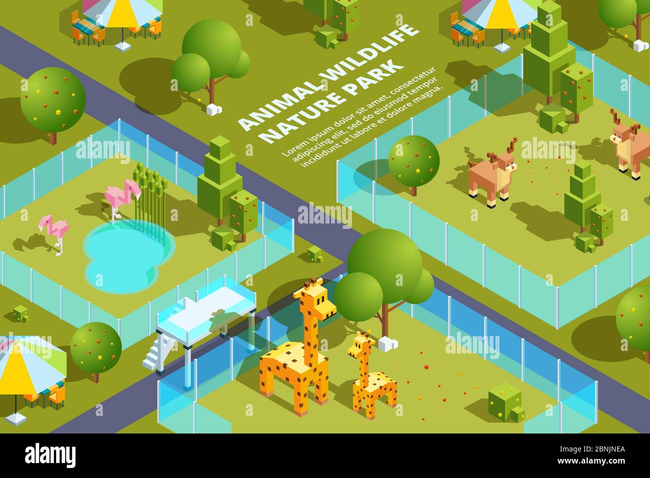 Landscape of zoo with various animals. Stylized vector isometric ...
