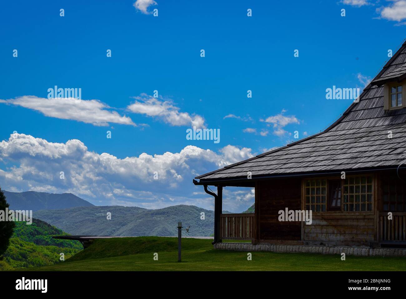 Breathtaking view, wooden cabin in beautiful nature scenery Stock Photo ...