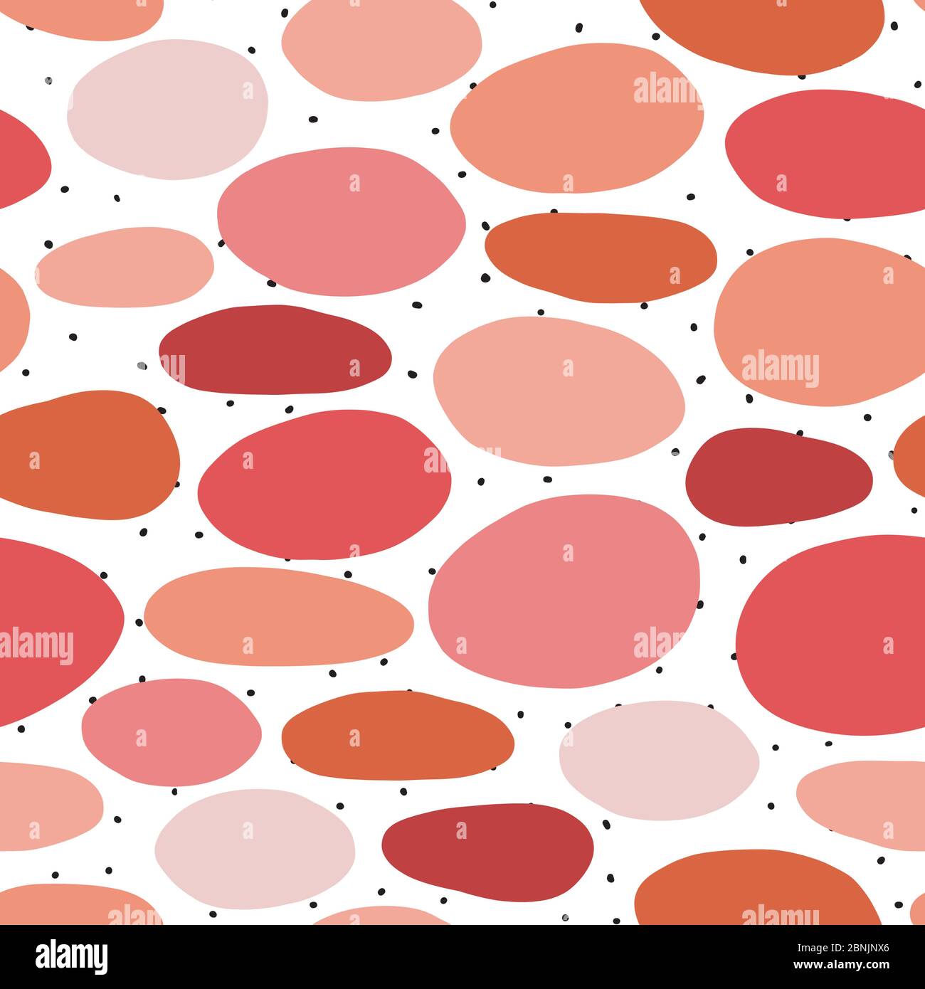 Pink organic dots on black and white polka dots repeating abstract vector background. Hand drawn ...
