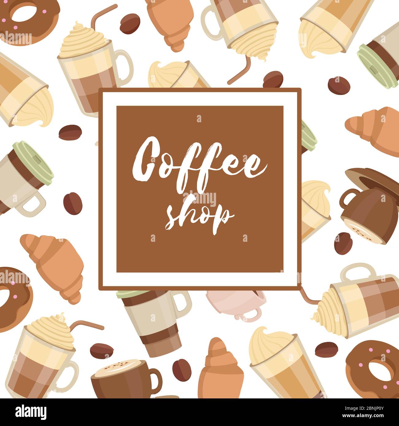 Background illustration with various coffee cups. Design poster ...