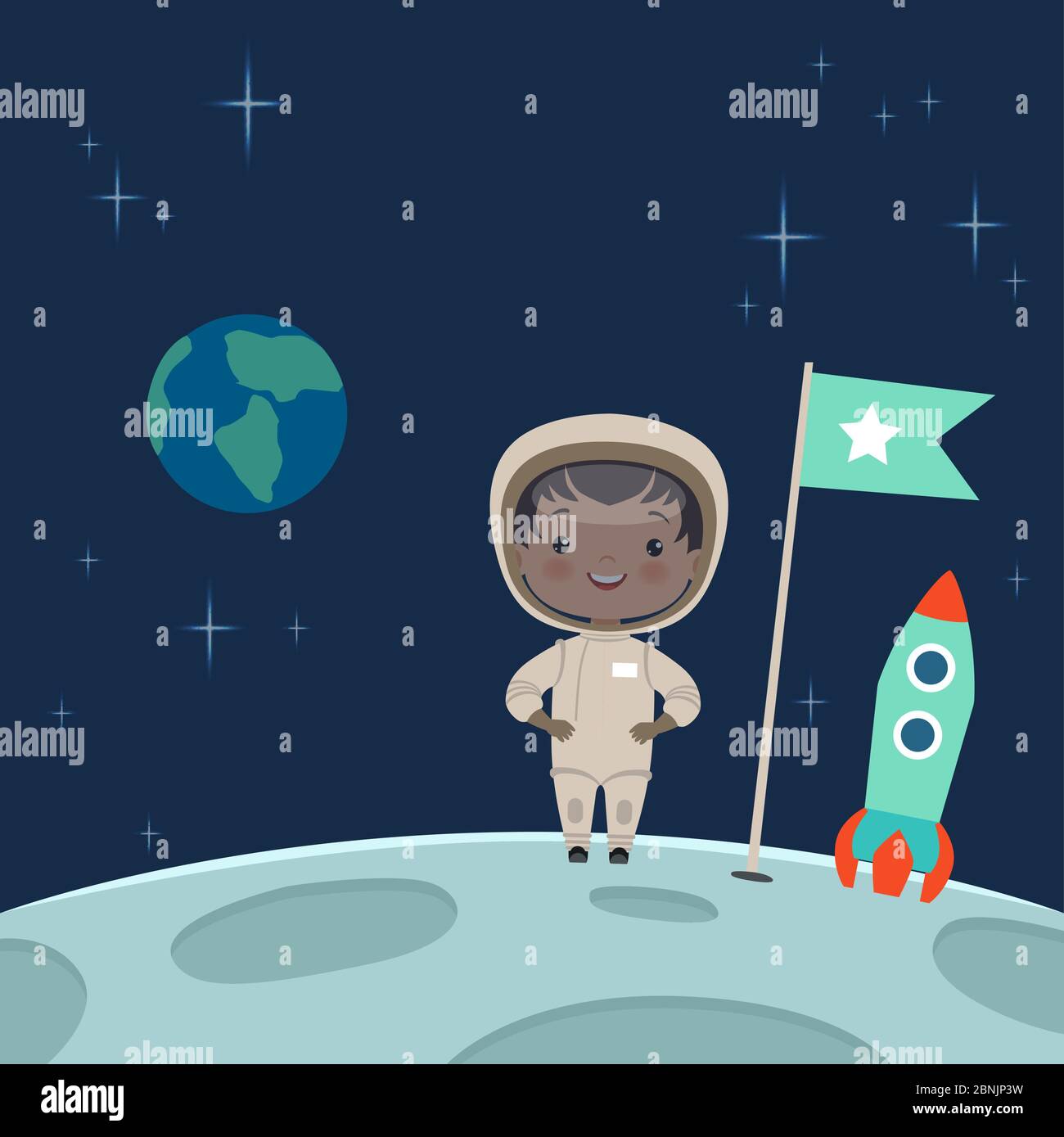 Kid astronaut standing on the moon. Space background illustration Stock ...